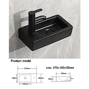 Black Bathroom Rectangle Wall Hung Porcelain Ceramic Small Sink Wash Art Basin with Overflow&Faucet for Cloakroom Lavatory Toilet (Left Hand)