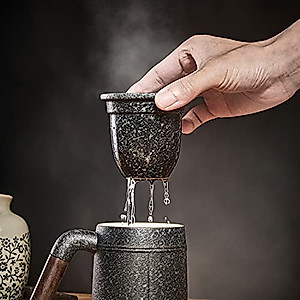 Fosenw Ceramic Tea Mug,Chinese Tea Cup with Lid,Sandalwood Handle and Infuser for Filtering Loose Tea Leaves,12 oz (Bluestone)
