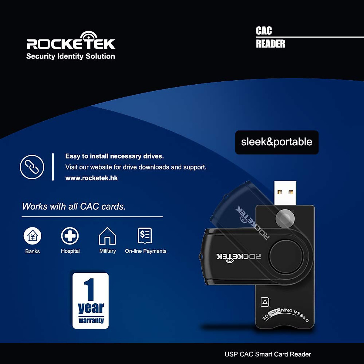 USB Smart Card Reader, Rocketek DOD Military USB Cac Memory Card Reader Compatible with Windows, Linux/Unix, MacOS X - Build In SDHC/SDXC/SD Card Reader and Micro SD Card Reader