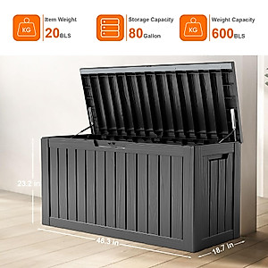 80 Gallon Resin Deck Box, Lockable Patio Outdoor Storage Box for Furniture, Garden Tools and Tools Storage, Waterproof Outside Storage Box - Black