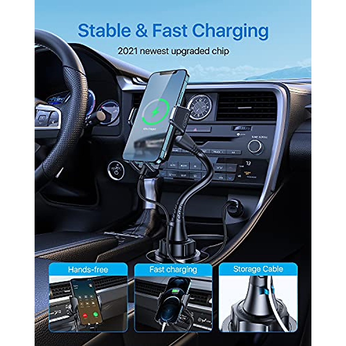 [Fast Charging] andobil 15in Wireless Car Charger, [Upgraded Secure Chip] Qi Car Cup Phone Mount with Adapter Adjustable Gooseneck Cup Holder Charger Compatible with iPhone 14 13 12 Pro Max S22 S21