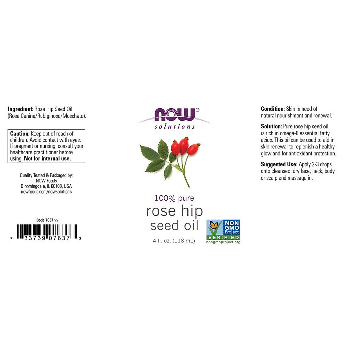 NOW Solutions, Rose Hip Seed Oil, 100% Pure, Nourishing and Renewing, For Facial Care, Vegan, Child Resistant Cap, 4-Ounce