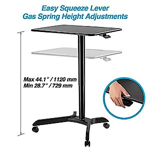 AVLT 44" Ambidextrous Pneumatic Laptop Standing Desk Cart (3 ft 8 in) - Mobile Rolling Desk - Computer Projector Cart - Rolling Height Adjustable Folding Desk - Mobile Black Cart with Brake Casters