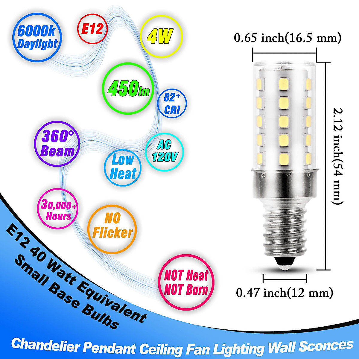 Heifymi E12 40 Watt Equivalent LED Bulbs 6000K Daylight White 450lm 4W 120V LED Candelabra Bulb with T6 C7 E12 Small Base for Wall Sconces Pendant Chandelier Ceiling Fan Lighting, Non-Dimmable, 4 Pack