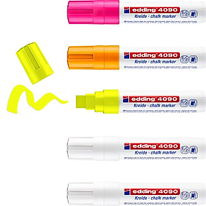 Edding 4090 Set-2 White, 3 neon Colours Chisel Nib 4-15 mm-Wet Wipe chalkboards, Windows, Glass, Mirrors-Liquid Chalk Marker pens for Opaque Coverage, 5 Colors, 13: Set of 5-Multicoloured