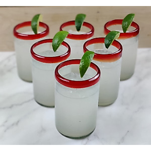 Dos Sueños Hand Blown Mexican Drinking Glasses - Set of 6 Glasses with Red Rims (14 oz each)