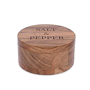 SAMHITA Acacia Wood Salt & Spice Box with Magnetic Swivel Lid, SALT & PEPPER" Engraved on Lid Seasoning Ingredients Storage Holder (4.75" x 4.75" x 2.5")
