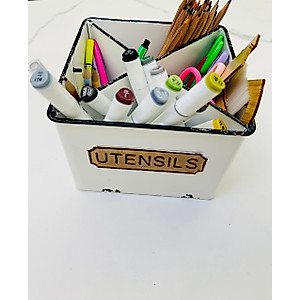 YOOGAR Metal Storage Caddy with 4 Compartments and Handle, Farmhouse Utensil Organizer for Kitchen, Distressed White and Black