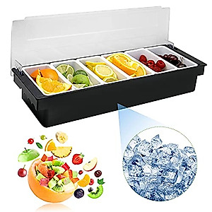 POWLAB Ice Cooled Condiment Serving Container Fruit Veggie Condiment Caddy Plastic Garnish Station with Lid for Fruit ,Ice Cream,Salad Bar-Topping Organizer for Restaurant Supplies (6 Compartments)