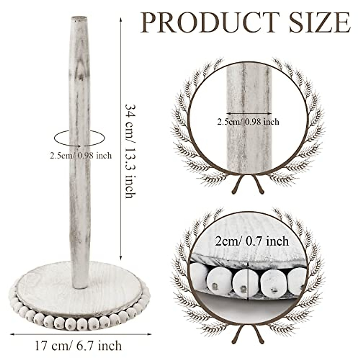 Farmhouse Paper Towel Holder Washed Beaded Paper Towel Stand Wood Paper Hanger Rack Standing Towel Roll Stand Organizer Paper Roll Holder Roll Dispenser for Kitchen Bathroom Countertop Cabinet, White