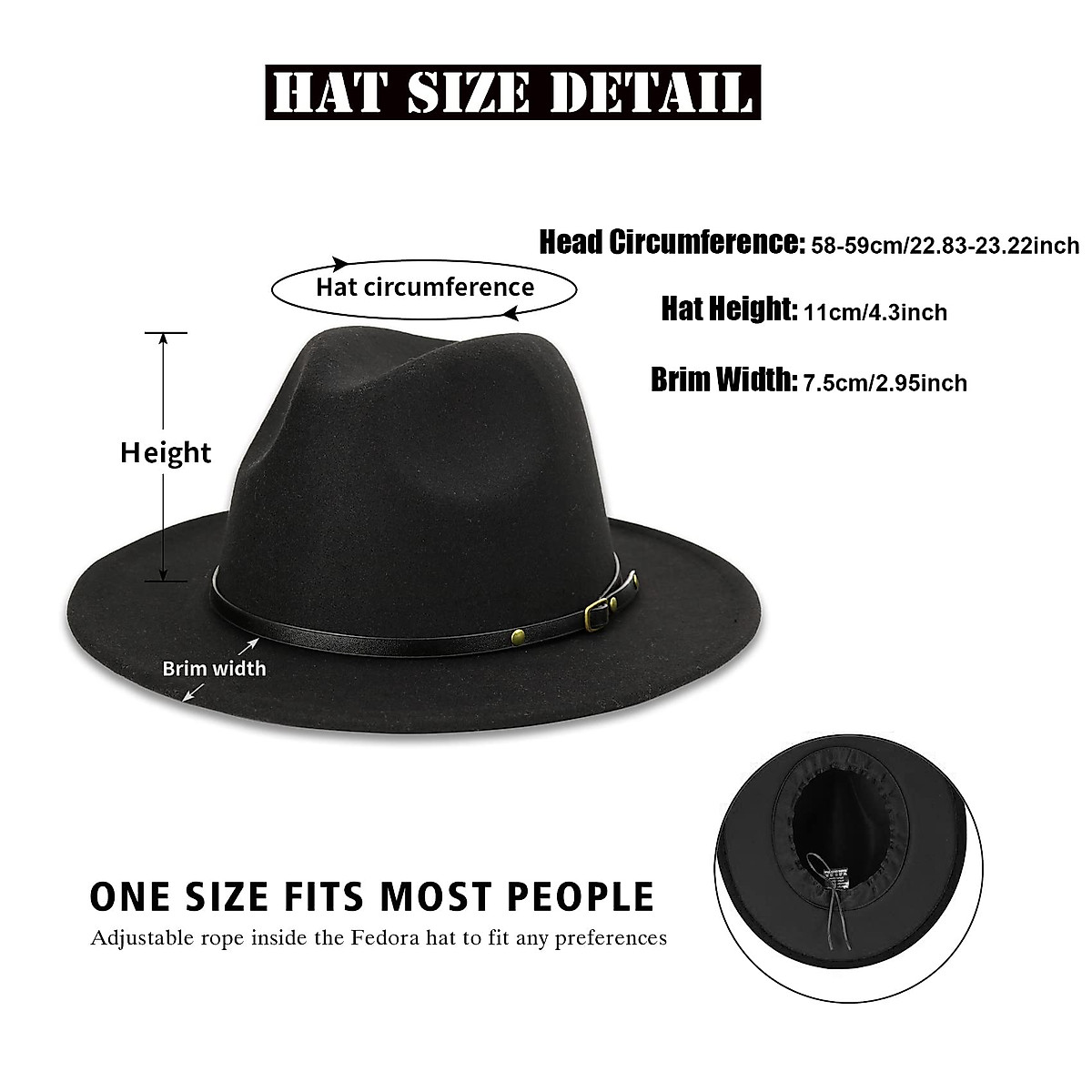 Womens Vintage Wide-Brim Fedora-Hat with Belt-Buckle Panama Hat for Women (Black 1pc, M:56-58cm/22.4-23.2inch)