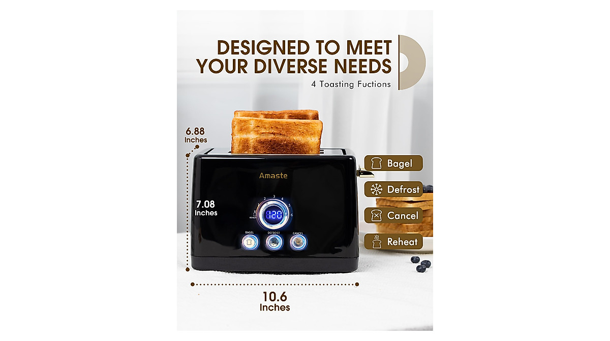 Retro 2 Slice Toaster with LED Timer & Wide Slots | Amaste