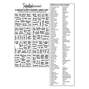 Talented Kitchen 135 Pantry Labels for Food Containers, Preprinted Clear Kitchen Food Labels for Organizing Storage Canisters & Jars, Black Cursive + Numbers Stickers (Water Resistant)