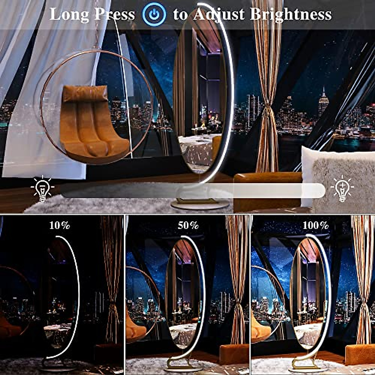 ANYHI 73 x 23 Inch Standing LED Mirror Full Length, Full Length Mirror with Lights, 360°Swivel Large Full Body Mirror with Lights, Lighted Free Standing Up Floor Mirror Full Length (Gold)