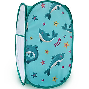 WEI LONG Mesh Popup Hamper-Foldable Lightweight Basket for Washing-Durable Clothing Storage for Kids Room,Students College Dorm,Home,Travel & Camping-Pop-up Clothes Hamper (Peacock Blue Dolphin)