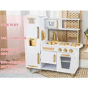 WoodenEdu Kitchen Playset for Kids Ages 3-8, Wooden Pretend Play Kitchen, Incloud Telephone, Ice Maker, Refrigerator, Dimensions: 35” H x 31” W x 12” D (White)