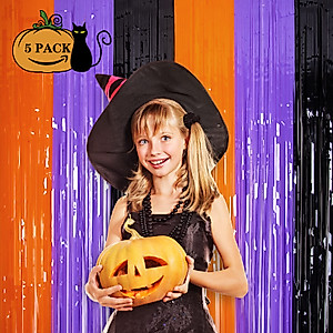 LOLStar 5 Pack Orange Purple Black Photo Booth Props,3.3 X 6.6 ft Halloween Foil Fringe Curtains,Halloween Party Photo Backdrop Streamer Backdrop for Halloween Party Decoration