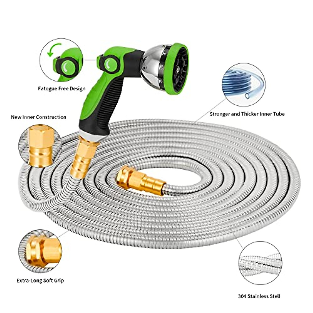 Cromtac Stainless Steel Hose 304 Wide Diameter with Multifunctional Metal Spray Gun Solid Metal Portable and No Kinks (100)