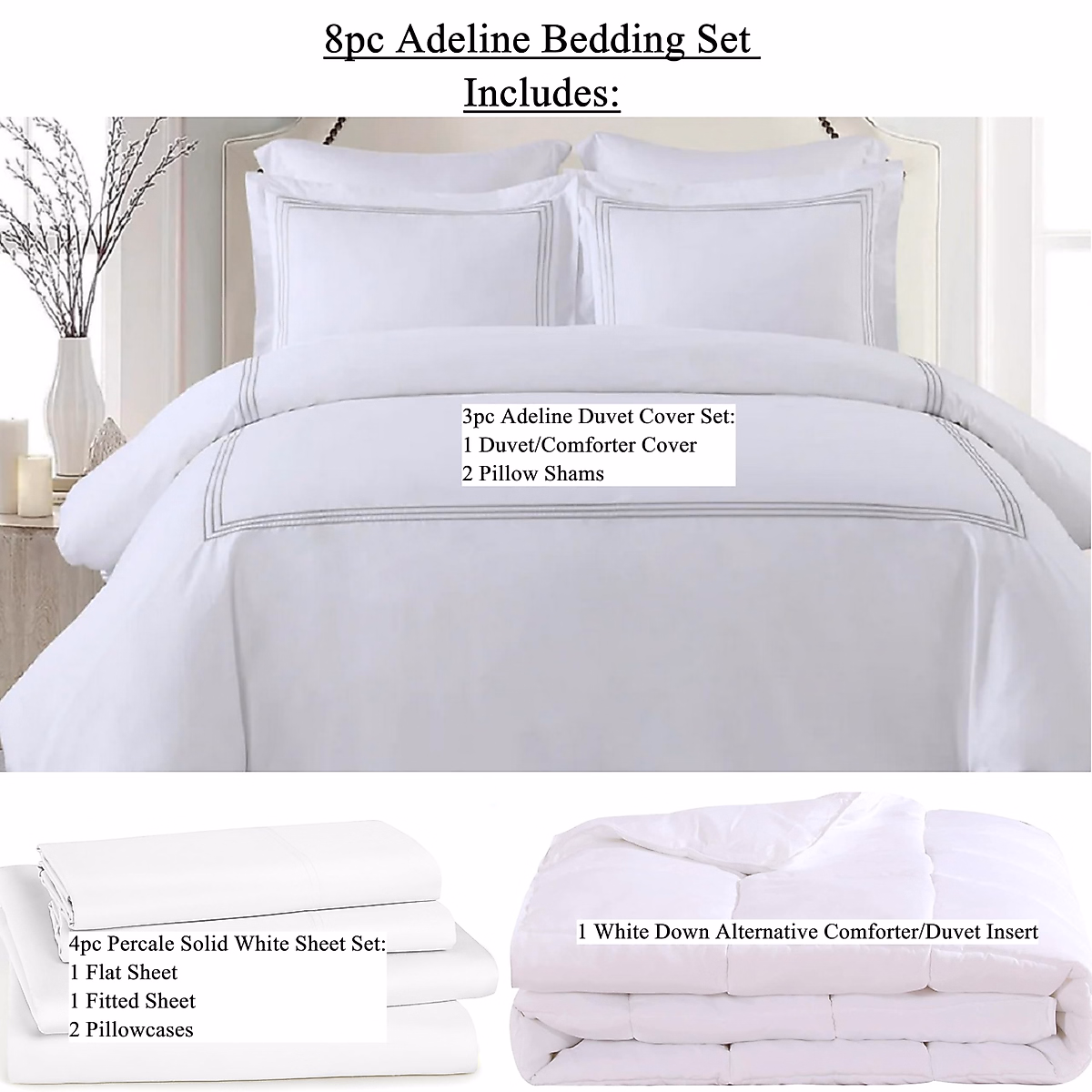 Royal Tradition Medium Warm 8pc Percale Bedding Set (California King Size) Includes: Grey Adeline Duvet Cover Set and White Bed Sheets with Down Alternative Comforter