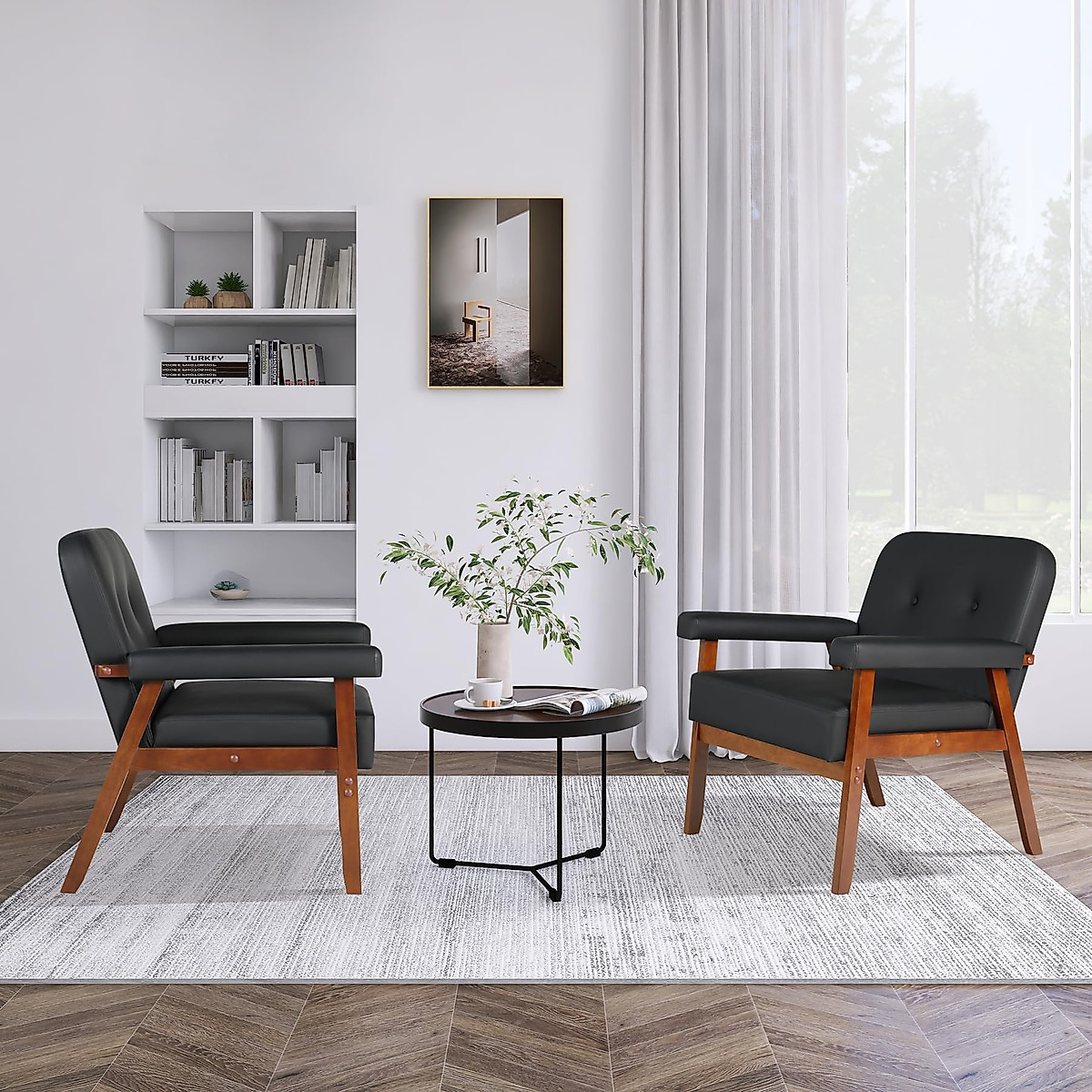 STHOUYN Mid Century Faux Leather Black Accent Chairs Set of 2 with Wood Arms, Comfy Reading Chair Small Spaces, Armchair Comfortable Chairs Living Room Bedroom Office, Easy Assembly (2, Black)