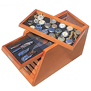 Collector's Knife Display Case Tool Storage Holder Cabinet Drawers Pocket Watch Collection Showcase Walnut Finish