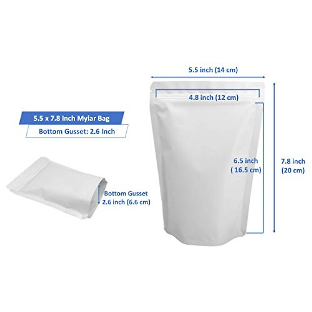 100 Pack Matte White Mylar Stand Up Bags - 5.5x7.8 Inches Resealable Smell Proof Packaging Pouch, Sealable Foil Bags for Food Storage, Sample Pouches