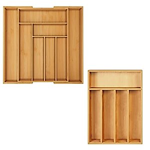 Bamboo Organizer 2 Piece Set – 8 and 5 Compartment Expandable Makeup Drawer - Drawer Dividers Organizer - Adjustable Drawer Holder for Kitchen, Silverware, Flatware, Living Room and Utensils (Natural)