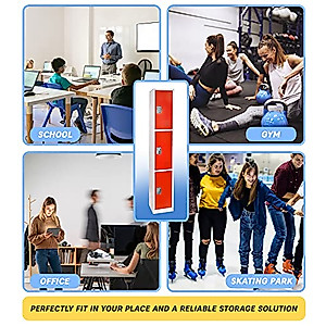 AdirOffice Large School Locker with 3 Doors 3 Hooks Storage Locker - Metal Storage Locker Cabinet Ideal for School, Garage, Office Lockers - (3 Door, Red)