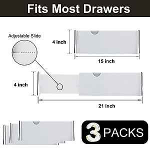 KIKILIE Extra Long Drawer Divider Expandable 15-21 Inch, 3 Pack Kitchen Drawer Divider Organizer, Adjustable Dresser Drawer Dividers, Multifunctional Drawer Organizers for Clothes,Silverware,Makeup