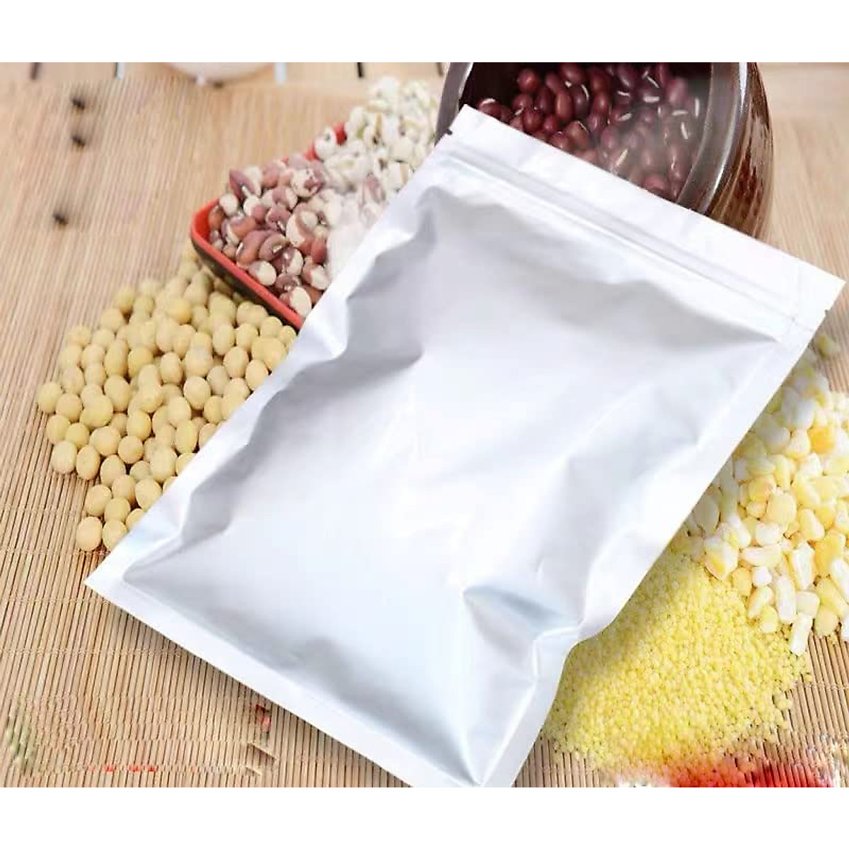 60 Mylar Bags for Food Storage with Oxygen Absorbers , 8 Mil 1Gallon 10.2"x13.8", 8.2"x12", 5.9"x8.5", 4.3"x6.3" Stand-Up Zipper Resealable Bags & Heat Sealable Food Storage Bags + Labels+hook up