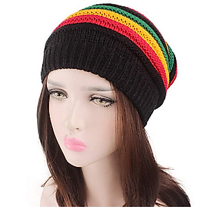 Qhome Fashion Jamaican Reggae Cap Multi-Colour Striped Rasta Hat Slouchy Baggie Beanie Skullies Gorro Rasta Women