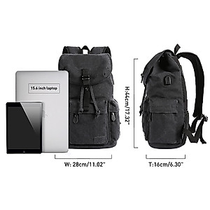 Small Canvas Vintage Backpack for Men Women,Travel Laptop Backpack with USB Charging Port,School College Backpack Book Bag Casual Rucksack Fits 15.6 Inch Laptop,Black