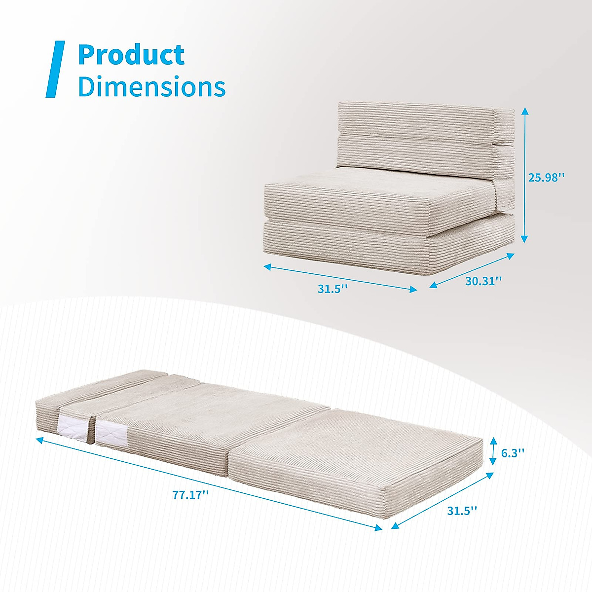 Mjkone Floor Sofa Couch, Convertible Futon Sofa Bed with Memory Foam, 3 in 1 Foldable Couch Bed, Pull Out Sleeper Sofa for Living Room/Apartment/Office (Beige, Single)