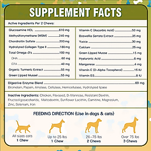 Glucosamine for Dogs, Hip and Joint Supplement for Dogs with Chicken Flavor, Anti Inflammatory, Dog's Chondroitin, Digestive Enzymes, Omega-3, Vitamin D, MSM, Calcium, Turmeric, 120 Freeze-Dried Chews
