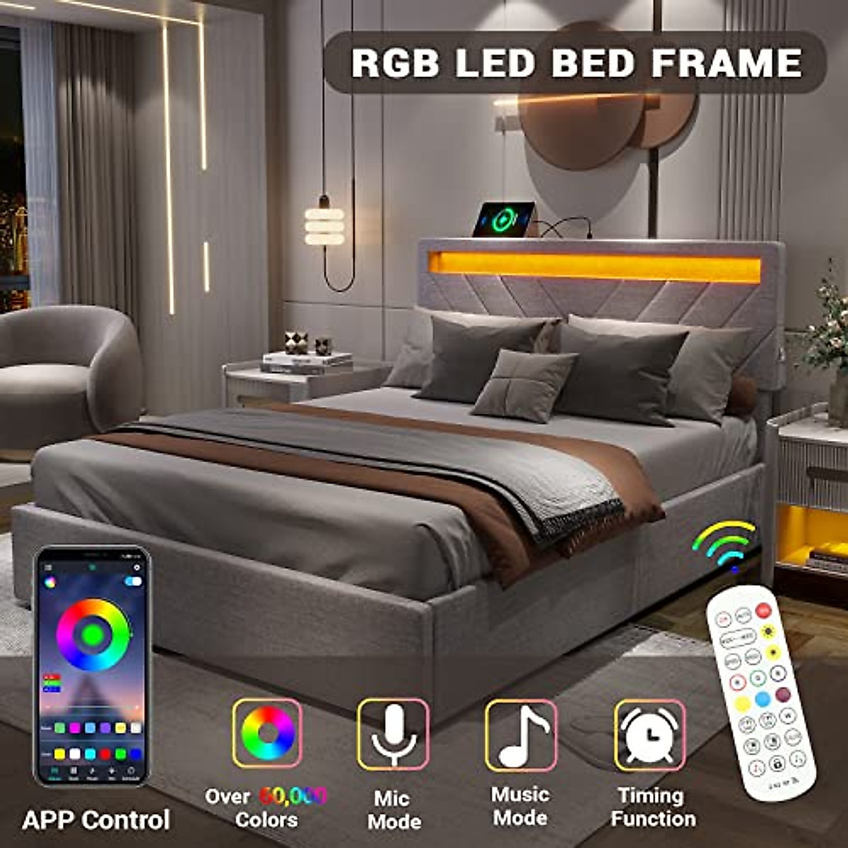 ADORNEVE LED Full Size Bed Frame with Storage Drawers, Upholstered Platform Bed Frame Full with LED Lights and Charging Station, Sturdy Wooden Slats Support, No Box Spring Needed, Light Grey