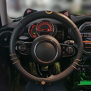 Car Leather Steering Wheel Cover with Cute Diamond Cat Ears,Bling Interior Accessories for Girls&Women'(14.5''-15'', Black)