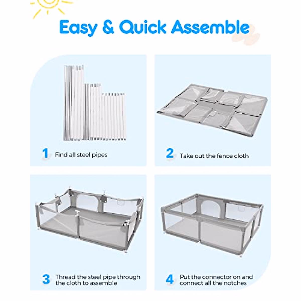 HEAO Baby Playpen for Toddler, Large Baby Playard 79 "X 59", Sturdy Play Yard with Soft Breathable Mesh, Safety Playpen for Babies, with 30 Pits Balls&Anti-Slip Base&6 Pull Rings, Light Grey