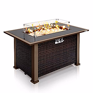 SereneLife Outdoor Propane Fire Pit Table - Approved Safe 50,000BTU Auto-Ignition Propane Gas Fire Table - Rattan Panel, Glass Wind Guard, Black Tempered Glass Tabletop, Clear Glass Rock - SLFPTL