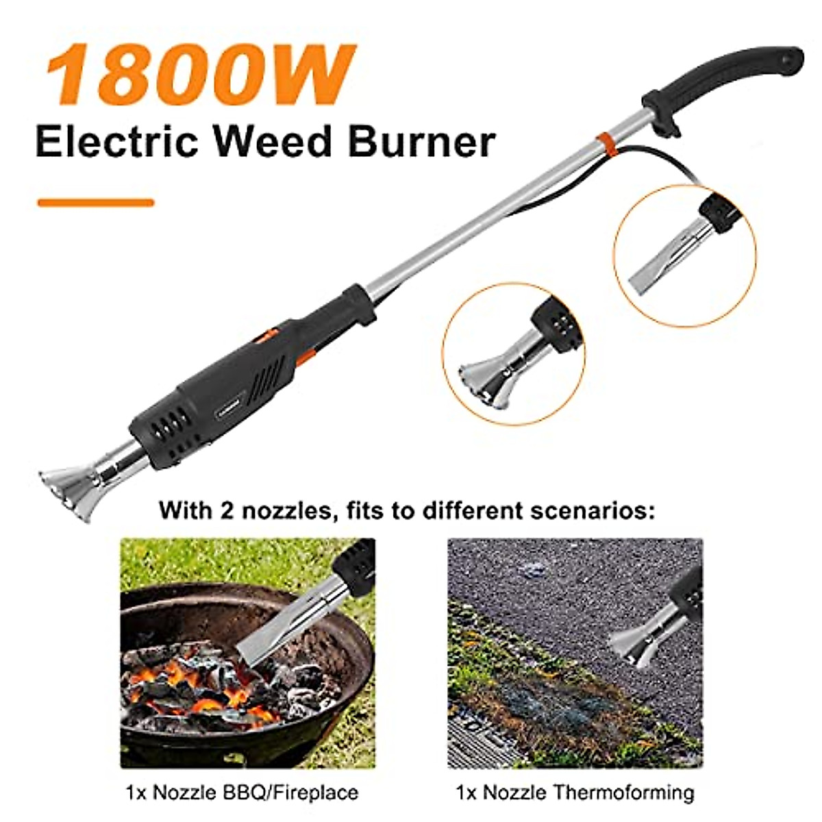 GARDSURE Weed Burner, Powerful 1800W Electric Weed Burner with 700°C Temperature, 2 Nozzles and 3M Cable - Efficient and Environmentally Friendly Solution for Weed Removal, BBQ and More
