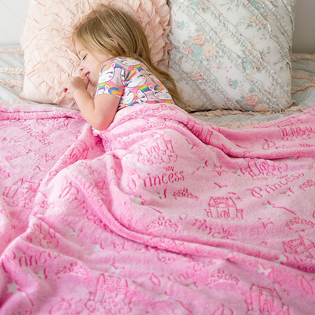 Princess Blanket Glow in The Dark Luminous Magical Blanket for Little Girls - Soft Plush Pink Fantasy Castle Blanket Throw for Kids - Large 60in x 50in Glowing Stars Blankets Gift for Girls