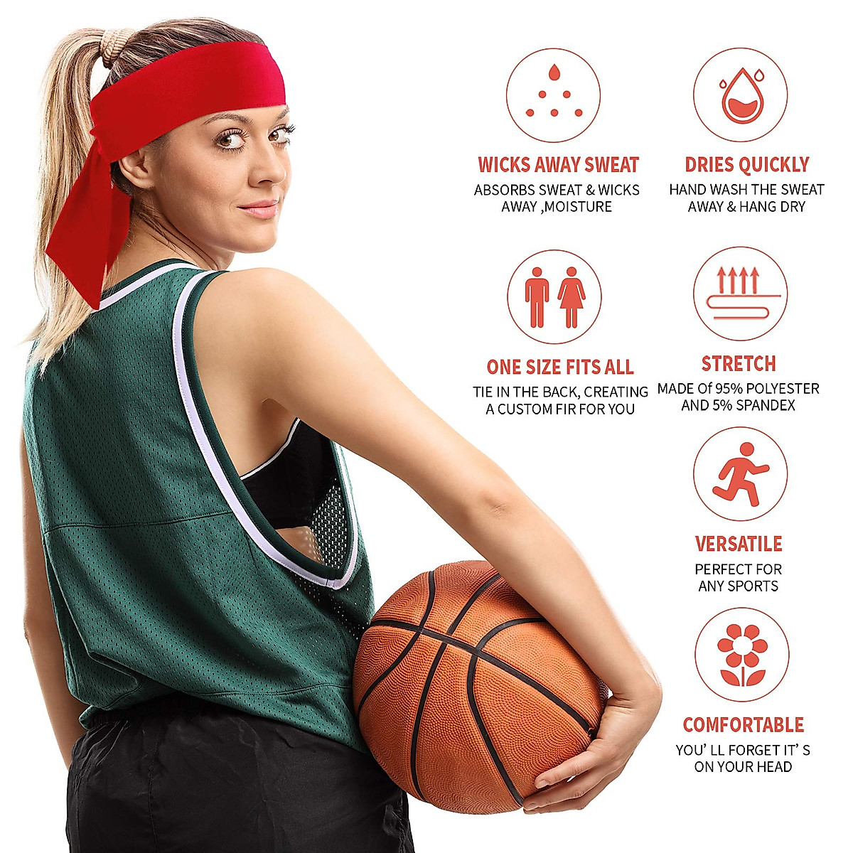 WILLBOND 12 Pieces Tennis Tie Headband, Dry Head Tie Sport Tie Back Headband for Basketball, Running, Karate, Athletics (Red, Unisex)