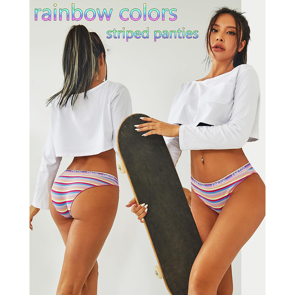 FINETOO Cotton Underwear for Women Bikini Panties High Cut Colorful Stripes Sexy Ladies Hipster Cheeky Panty 9 Pack S-XL