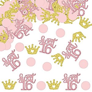 Sweet 16 Confetti, Rose Gold Glitter Sweet 16, Gold Glitter Crown and Pink Circles Confetti, Sweet 16th Birthday Party Decorations, Sweet Sixteen Party Decorations, 300 Pcs