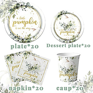 Little Pumpkin Baby Shower Decorations, A Sweet Little Pumpkin is On The Way Plates and Napkins Sage Greenery Eucalyptus Tableware Sets for Fall Baby Shower,Sage Green Birthday Supplies