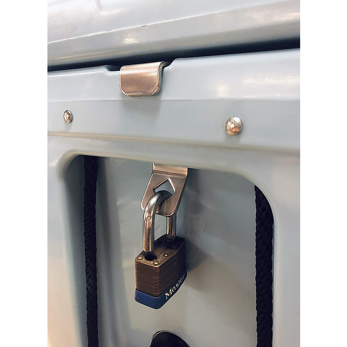 Universal Cooler Lock Brackets: Designed to fit Tie Down Slot of Mid to Large Rotomolded Ice Chests (Compatible with Yeti/RTIC Coolers) Made of Stainless Steel in The U.S.A. ( Pair )