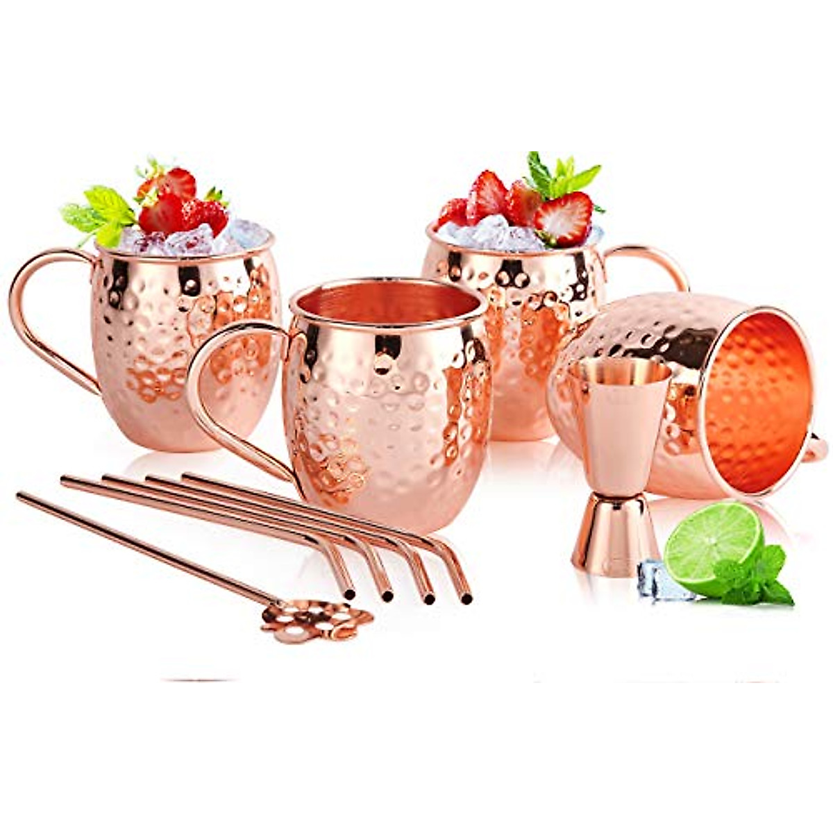 DOTGROUP Moscow Mule Mugs, Copper Mule Mugs Set of 4, Creative Hammer Point Copper Cups with Copper-plated Inner for Beer and Cocktail, 4 Cocktail Copper Straws, 1 Stirring Rod, 2oz/4oz Double Jigger