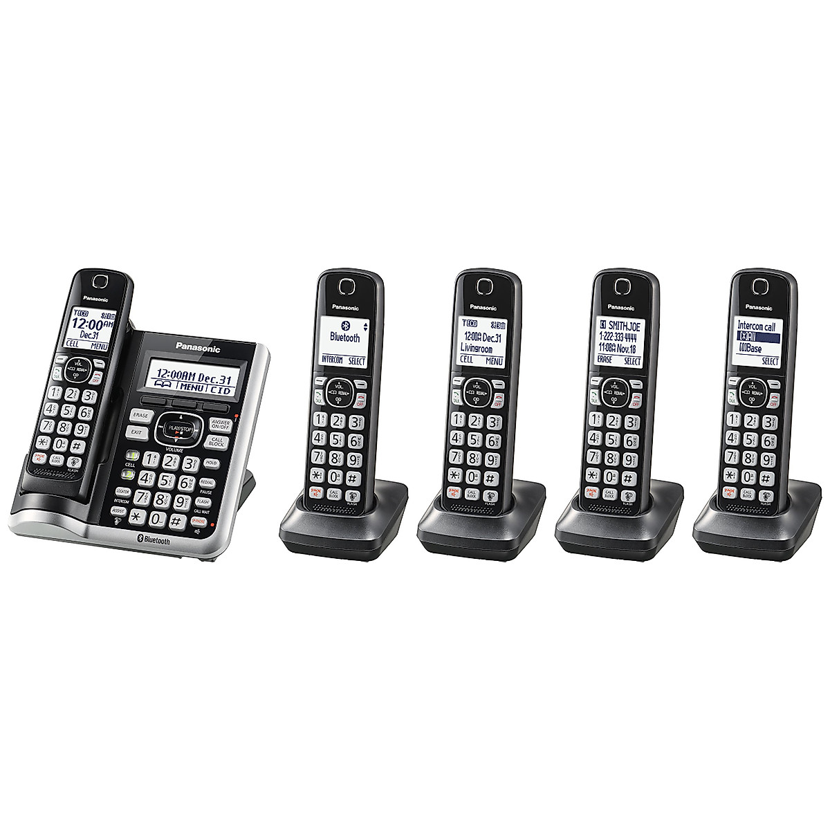 Panasonic Link2Cell Bluetooth Cordless Phone System - 5 Handsets - KX-TGF575S (Silver) & KX-TCA430 Comfort-Fit, Foldable Headset, Regular, Grey/Silver