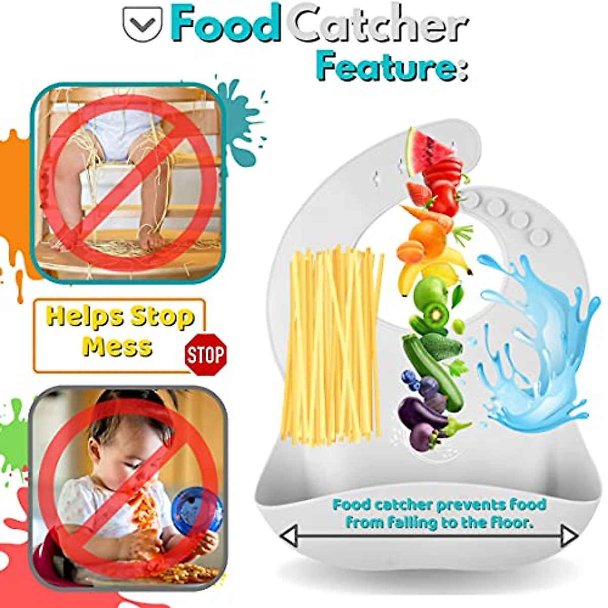 Silicone Baby Bibs (2 Pack), Soft Comfortable Adjustable Waterproof Bib, Unisex Easily Clean Bibs With Food Catcher For Babies And Toddlers. Modern Gender Neutral Colors: Grey & White.