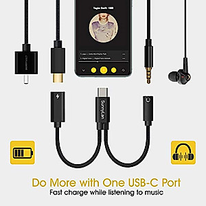 SunnyLan USB C to 3.5mm Headphone and Charger Adapter, 2-in-1 USB C to AUX Mic Jack with USB C PD 60W Fast Charging,Compatible with Galaxy S23 S22 Note 20 S21 Ultra S21+ FE, Pixel 5/3/4 XL (Black)