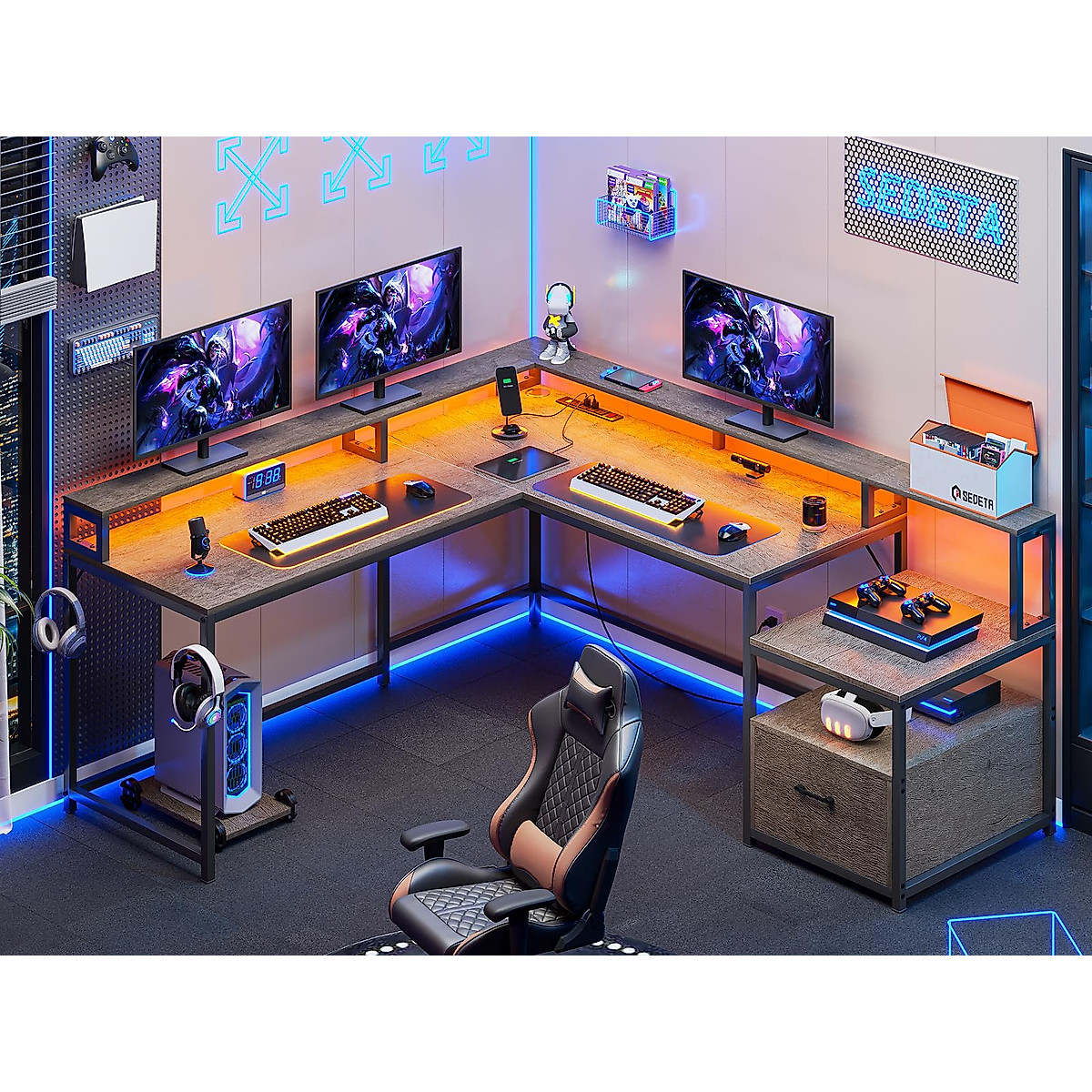 SEDETA L Shaped Desk, 66" Home Office Desk with File Drawer and Power Outlet, Corner Computer Desk with Monitor Shelf, Printer Storage Shelves, Gaming Desk with Led Lights, Two Person Desk, Walnut